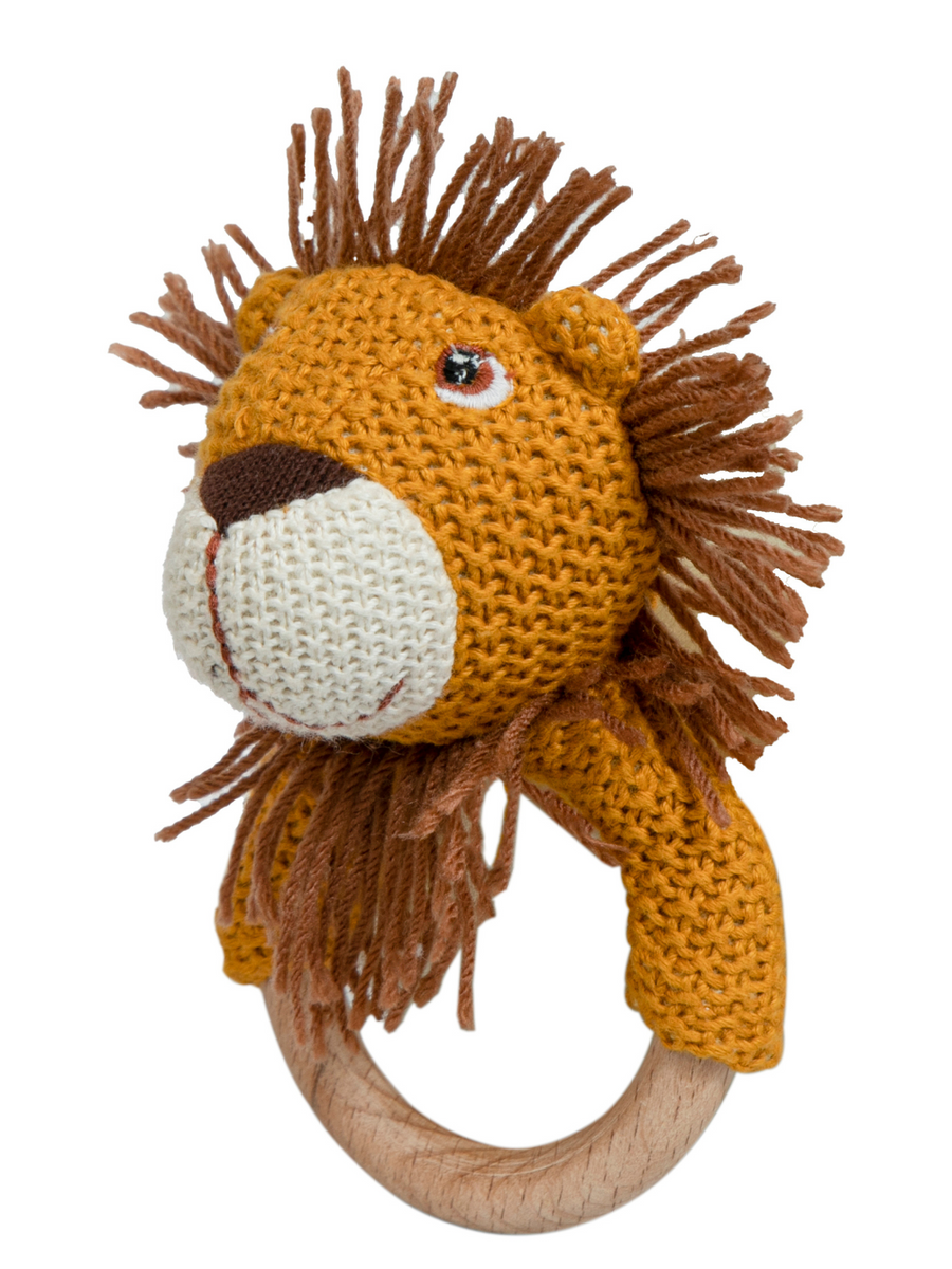 Knitted Lion Rattle With Wooden Ring – Pomme