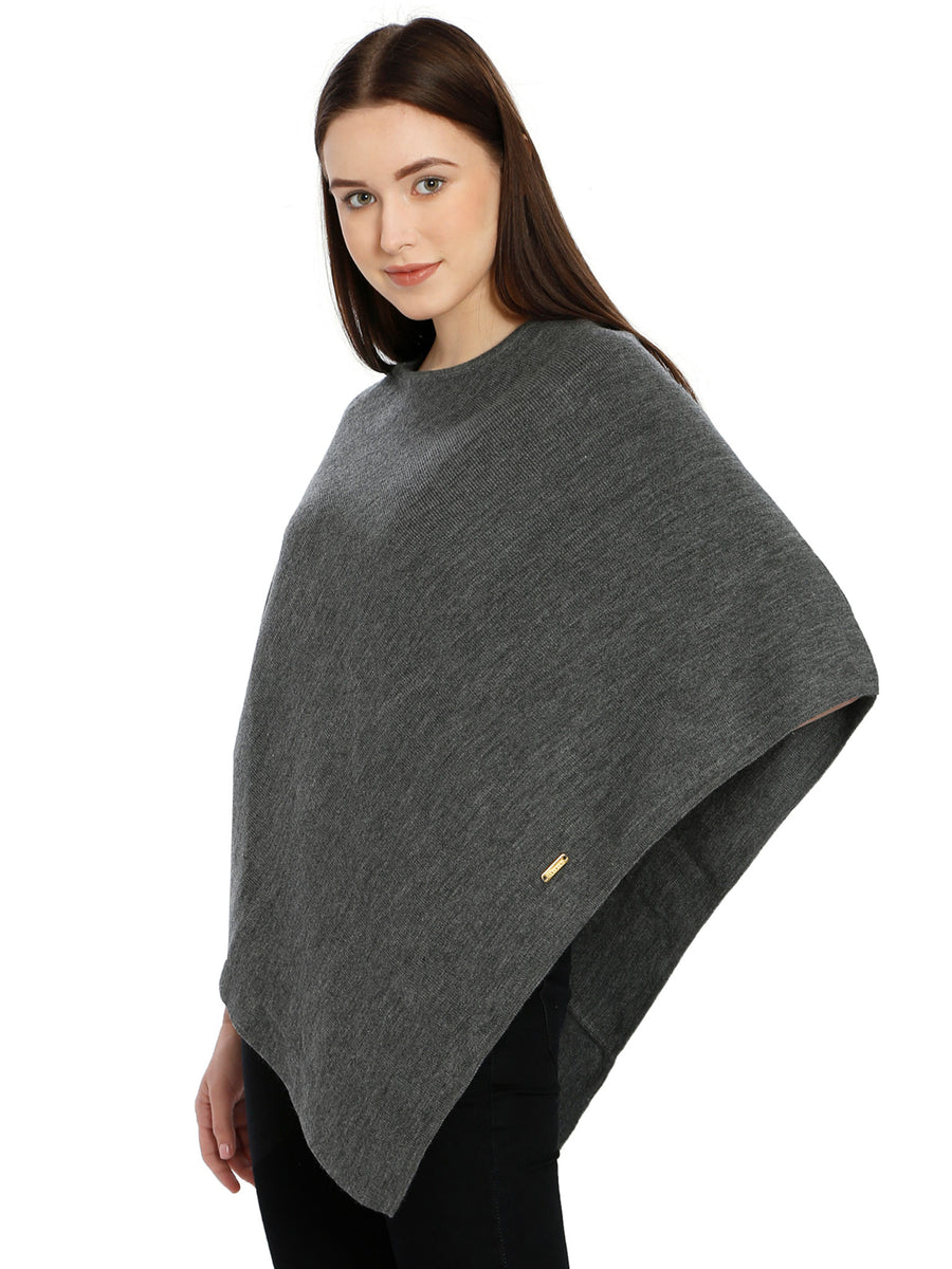 POMME Merino Wool Knitted Lt Grey Melange (Plain knit) Poncho for Wome ...